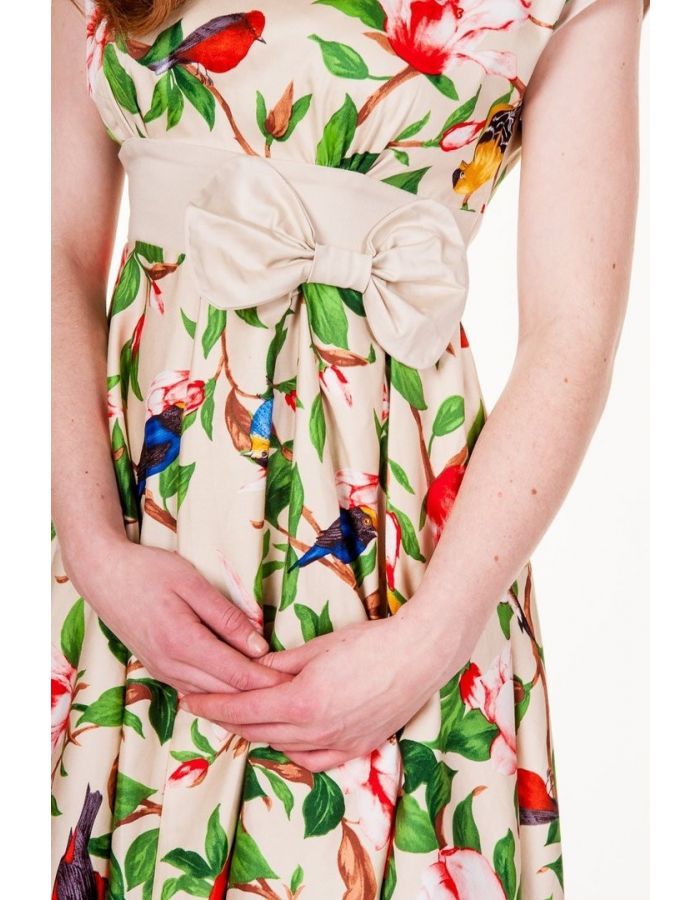 Banned Wonderful Beige Exotic Birds Floral Swing Rockabilly Dress