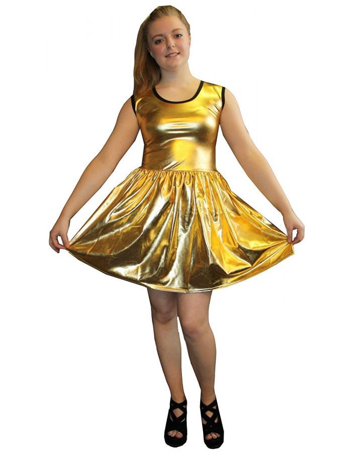 Women's Gold Metallic Wetlook Rockabilly Swing Sleeveless Gathering Dress