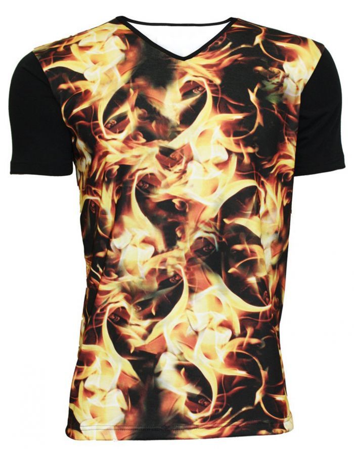 Men's Hot Fire Flames Print Unique V-Neck T-Shirt Tee