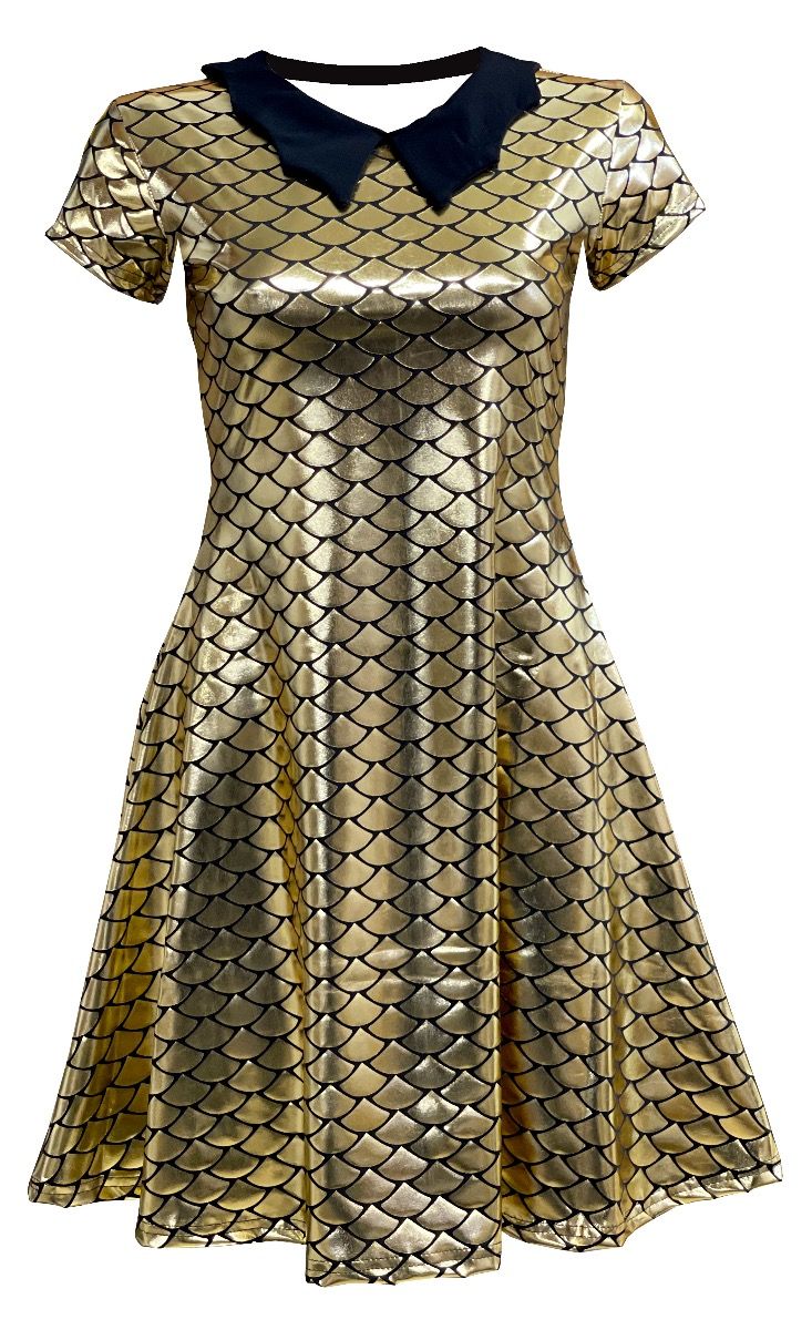 Mermaid Metallic Gold Fish Scale Mirror Foil Shine Bats Collar Skater Dress