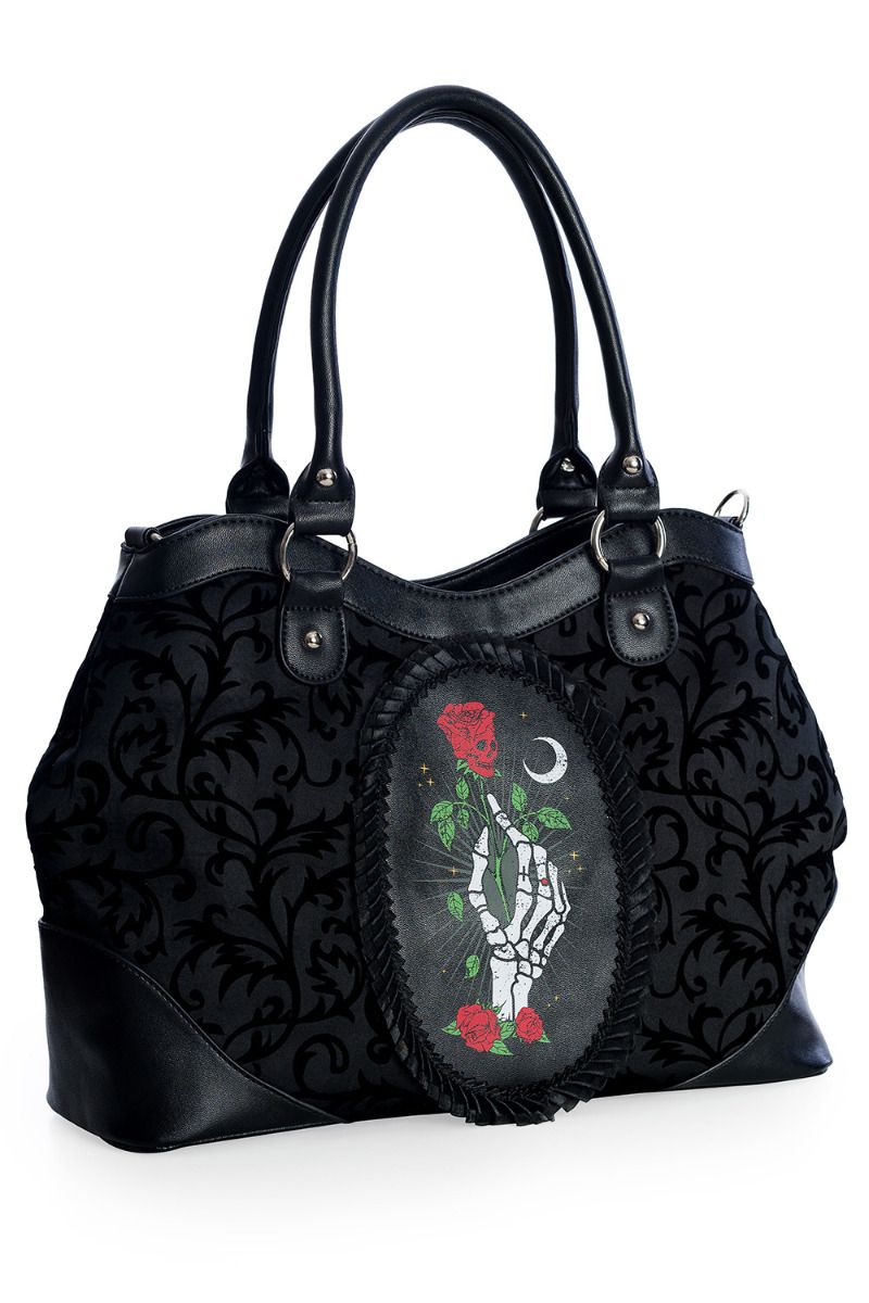 Gothic Victorian Flocked Cameo Skeleton Skull Hand Rose Ladies Goth Handbag