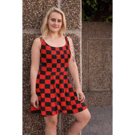 Red And Black Chess Board Chequered Printed Sleeveless Skater Dress