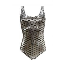 Silver Metallic Mermaid Fish Scale Shiny One Piece Swimsuit Bodysuit